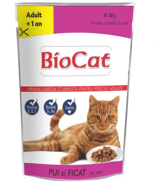 Biocat Plic Biocat cu Pui si Ficat in sos, 100 g (Hrana pentru pisici ...