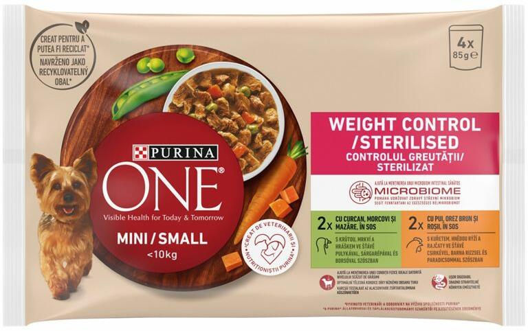 Purina MINI Dog Weight Control Sárgarépa és csirke gyümölcslében 4 x 85 g