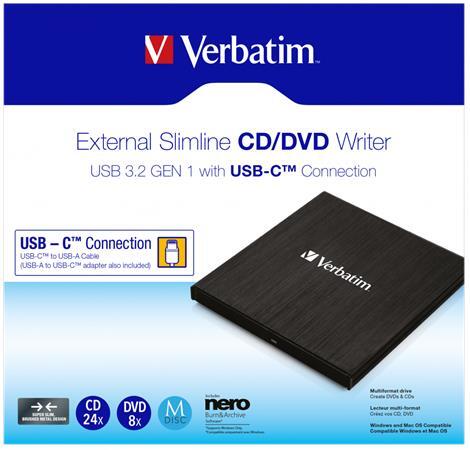 Verbatim inscriptor CD/DVD, carcasă metalică subțire, USB 3.2 - USB-C ...
