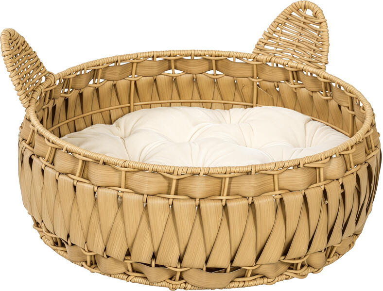 PawHut Pat pentru pisici din rattan cu pernă detașabilă, coș pentru ...