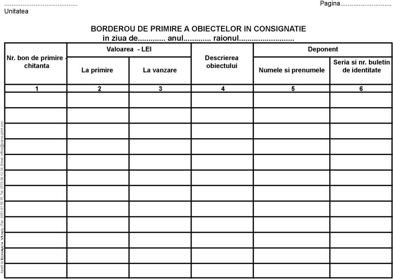 Borderou de primire a obiectelor in consignatie (Formular) - Preturi