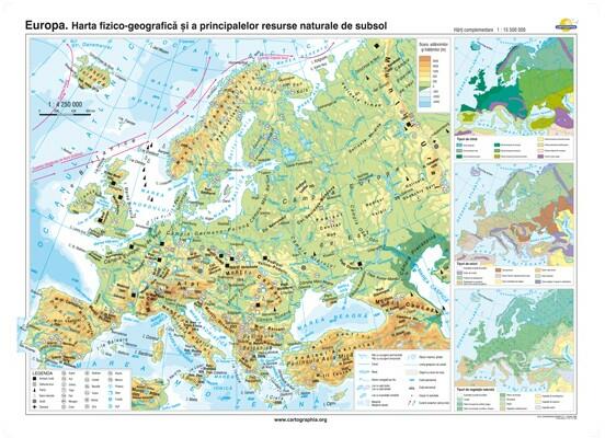 Europa. Harta fizico-geografică şi a principalelor resurse naturale de ...